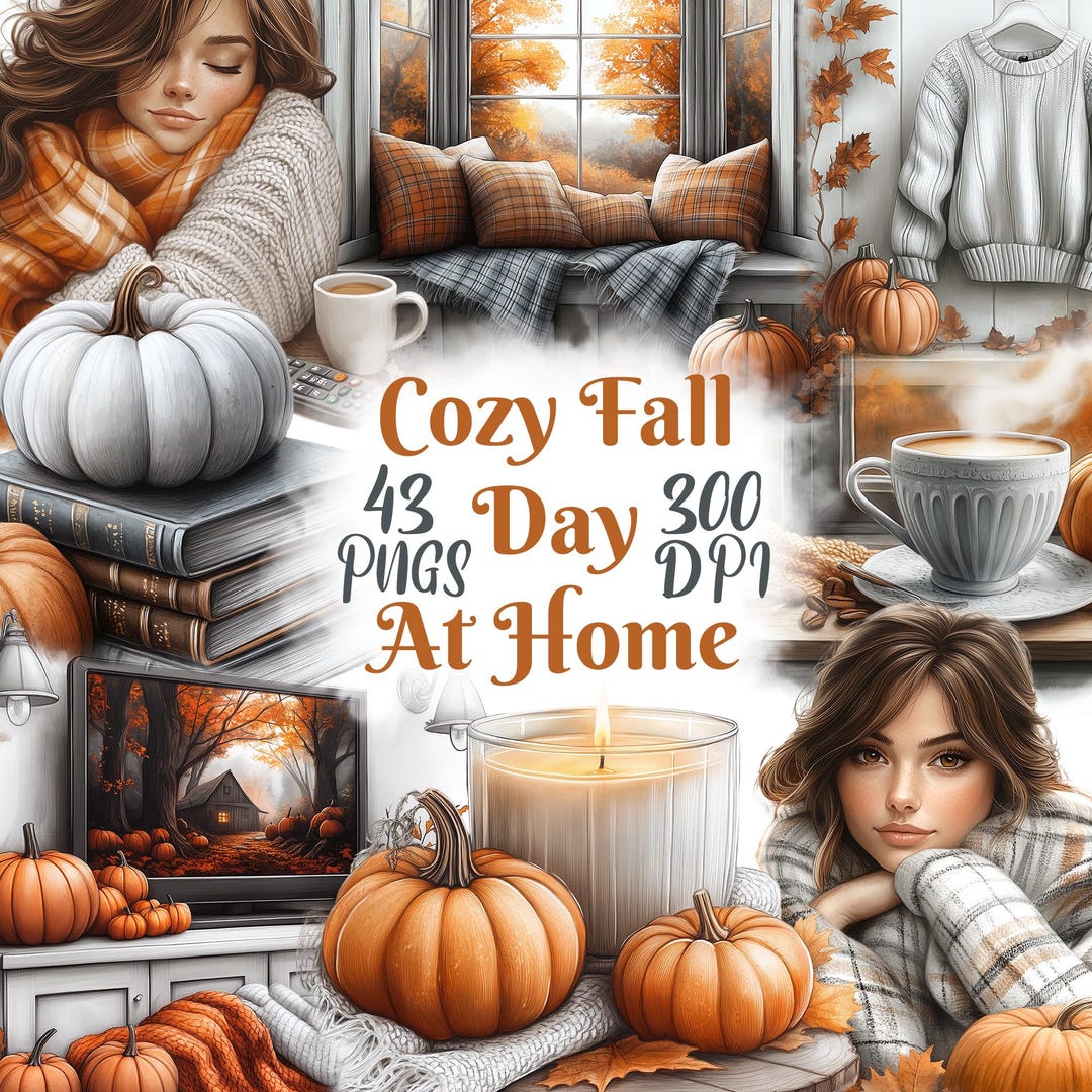 Cozy Fall Day at Home Clipart, Set of 43 PNG Bundle, 300 DPI Clip Art ...