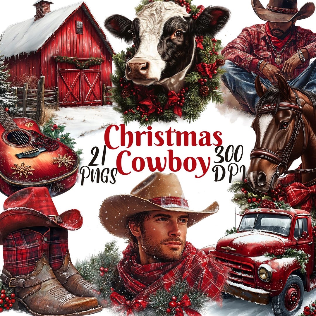 Christmas Cowboy Clipart, Set of 21 PNG Bundle, 300 DPI Clip Art ...