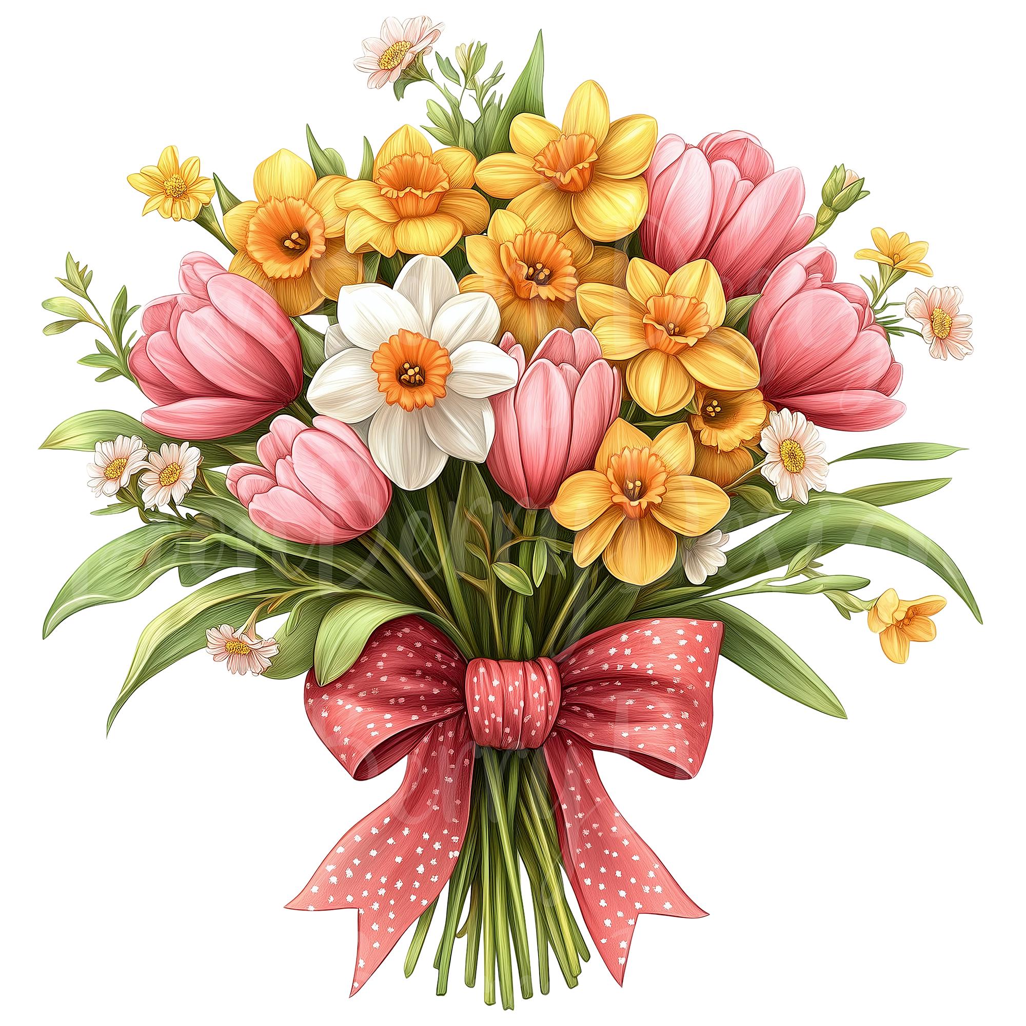 Spring Flower Bouquet Clipart, Set of 15 PNG Bundle, 300 DPI Clip Art ...