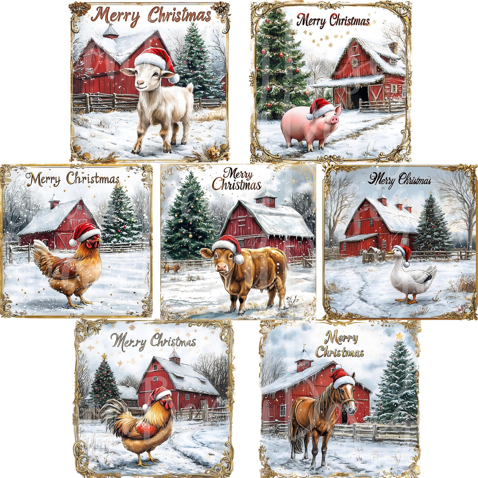 Christmas Cards Clipart, Set of 25 PNG Bundle, 300 DPI Clip Art, Winter ...