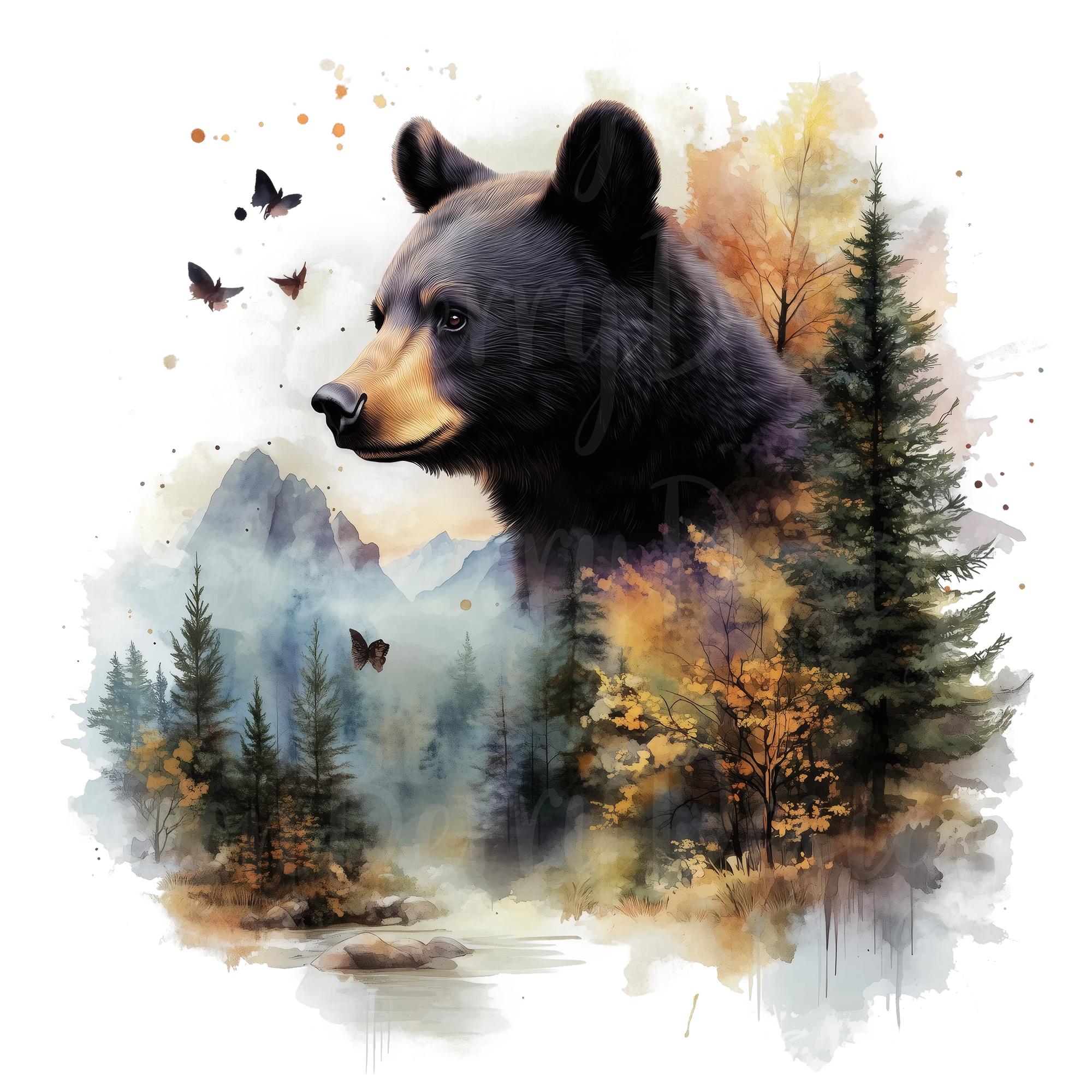 Black Bear Clipart, Set of 23 PNG Watercolor Clip Art Bundle, Pine Tree ...
