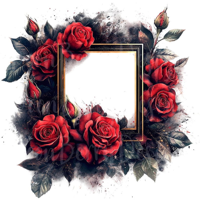 Red Rose Frame Clipart, Set of 15 PNG Bundle, Gold Frame Clip Art, Red ...