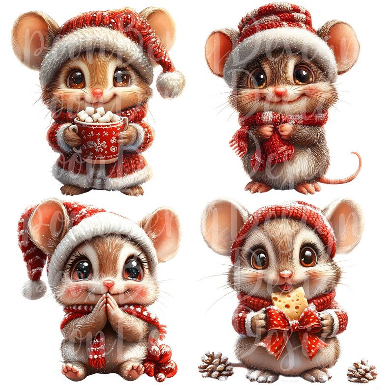 Christmas Mice Clipart, Set of 15 PNG Bundle, 300 DPI Clip Art ...