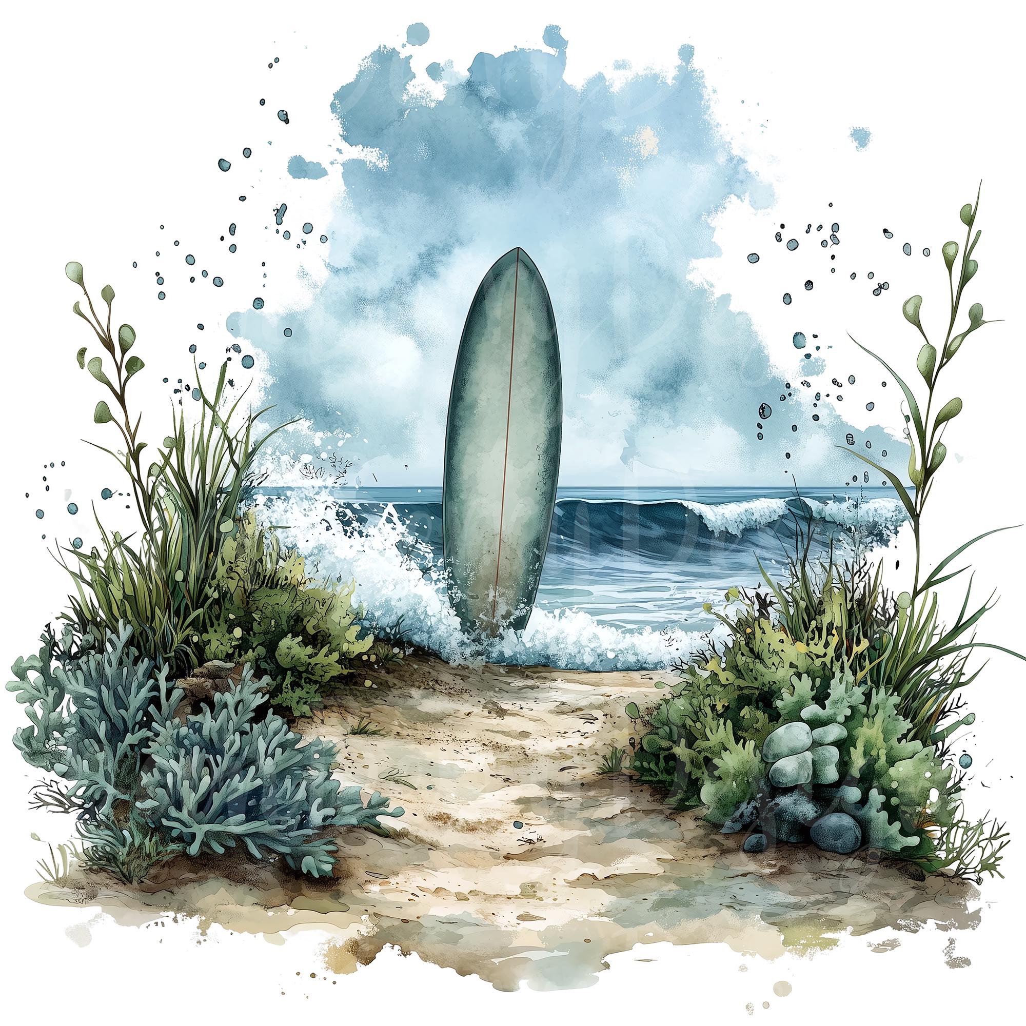 Surfboard Clipart, Set of 16 PNG Bundle, Watercolor Ocean Wave Sand ...