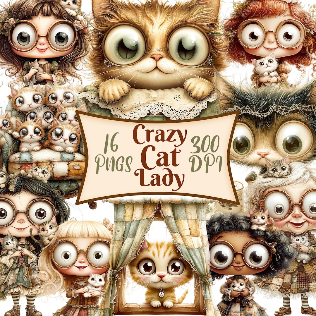 Crazy Cat Lady Clipart, Set of 16 PNG Bundle, 300 DPI Clip Art, Kitten ...