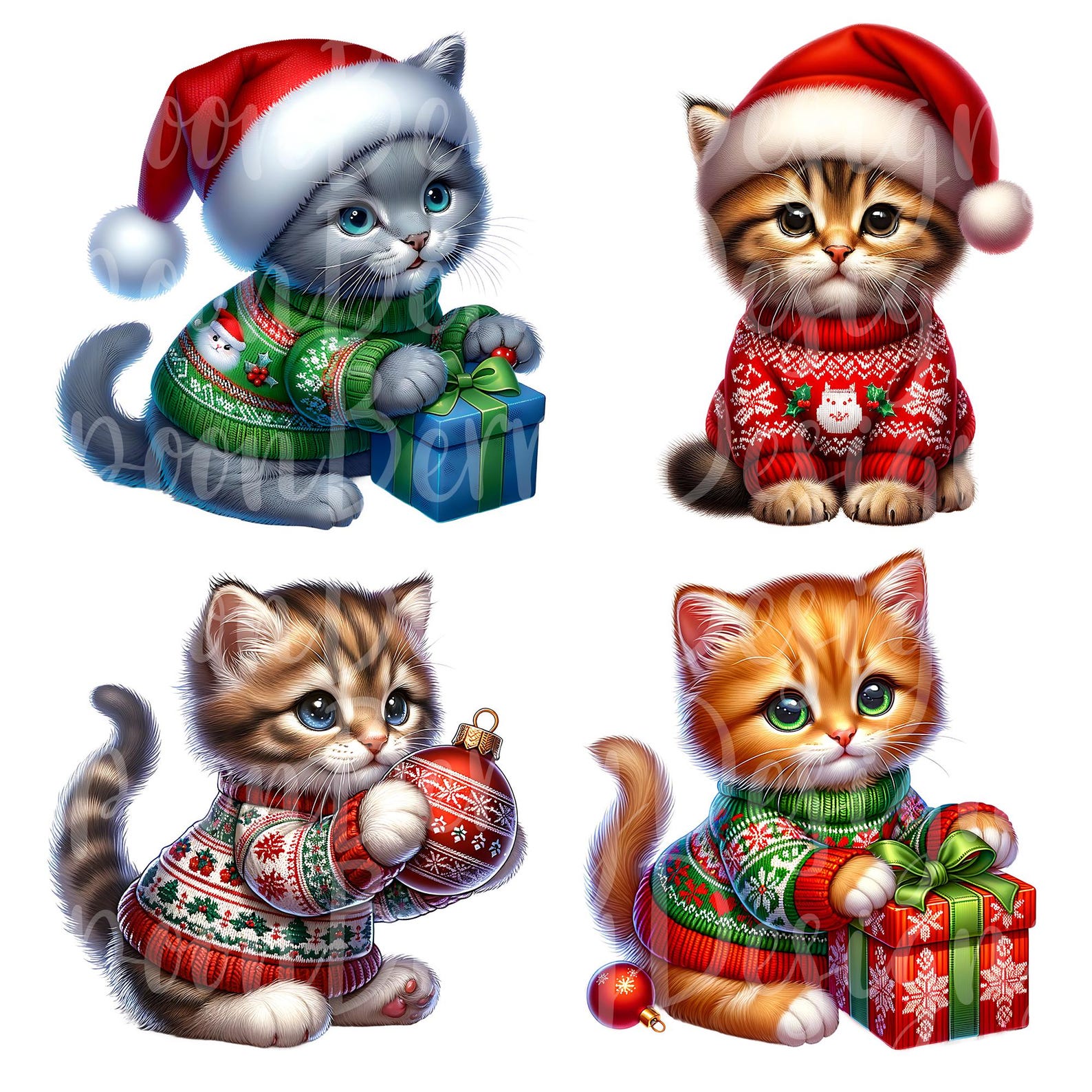 Christmas Kittens Clipart, Set of 15 PNG Bundle, 300 DPI Clip Art ...