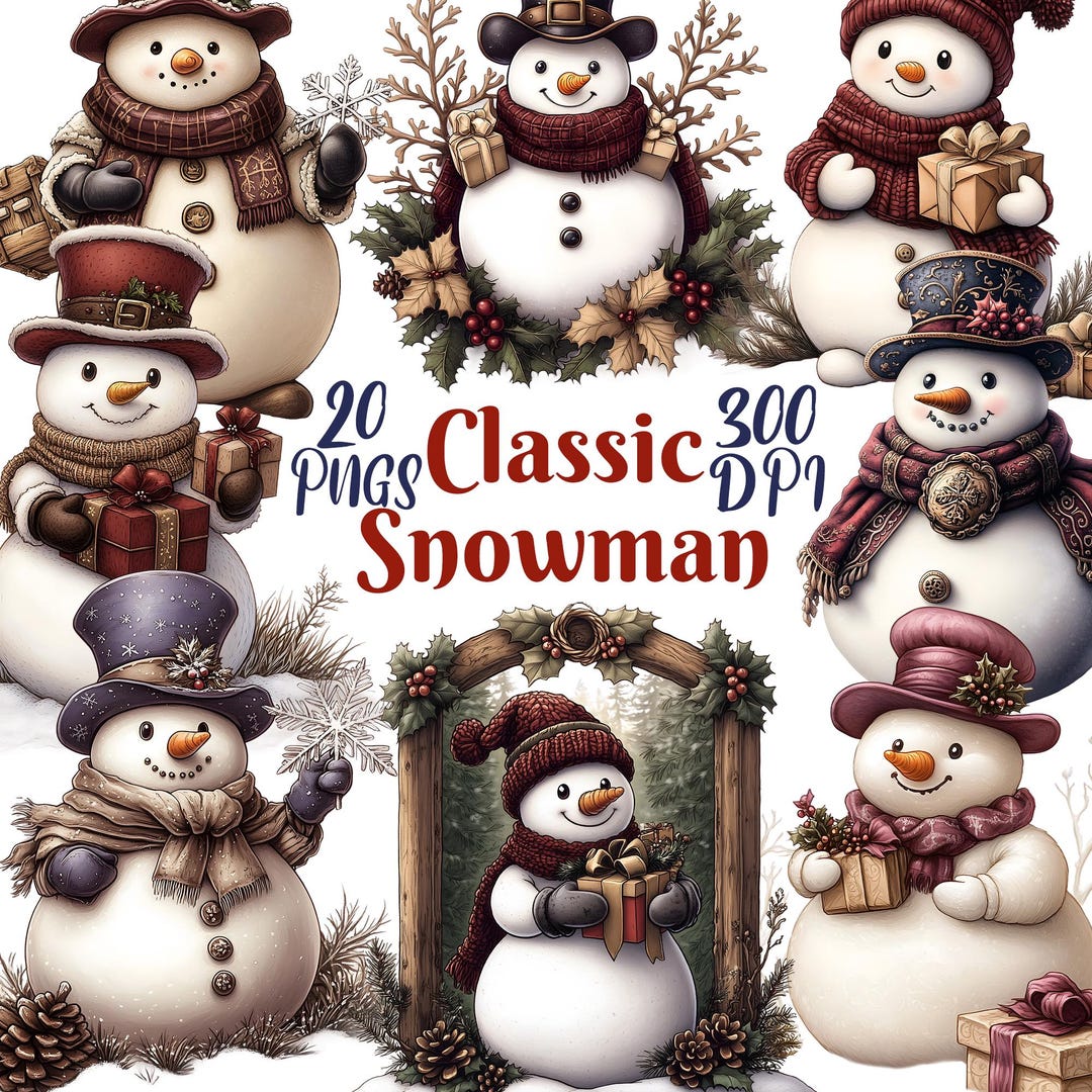 Snowman Clipart, Set of 20 PNG Bundle, 300 DPI Clip Art, Winter Snow ...