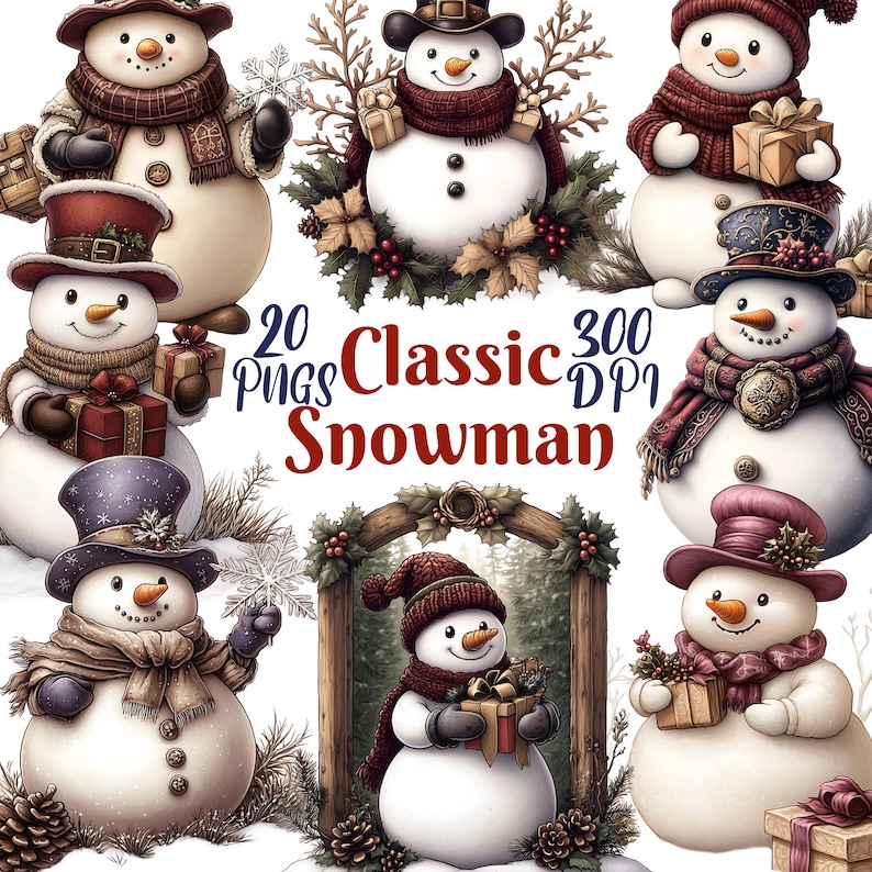 Snowman Clipart, Set of 20 PNG Bundle, 300 DPI Clip Art, Winter Snow ...