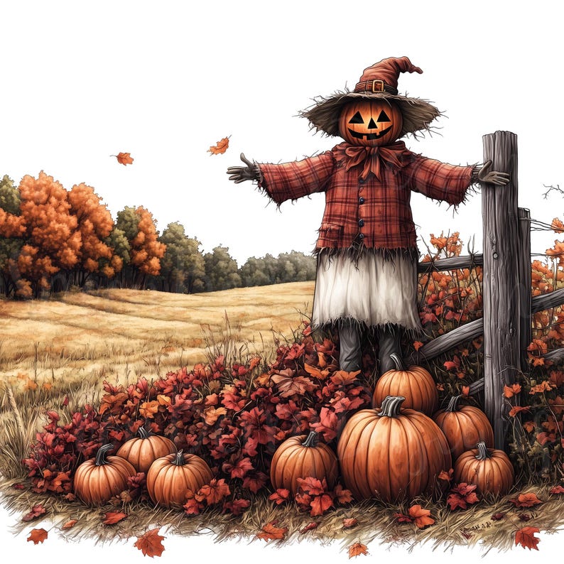 Scarecrow Clipart, Set of 10 PNG Watercolor Clip Art Bundle, Autumn ...