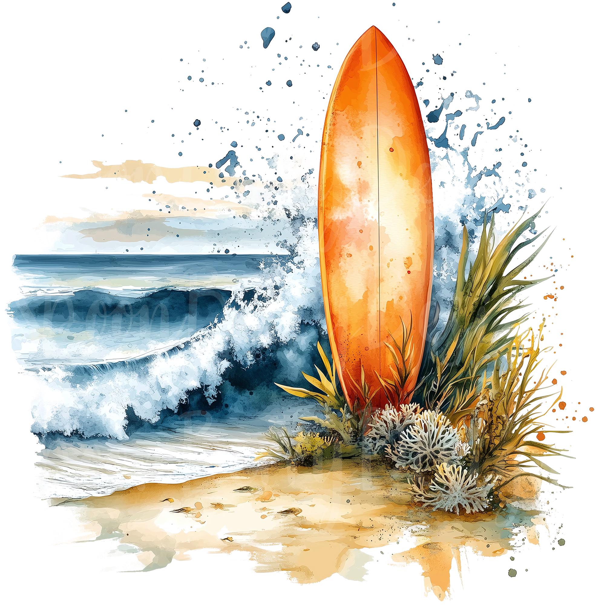 Surfboard Clipart, Set of 16 PNG Bundle, Watercolor Ocean Wave Sand ...