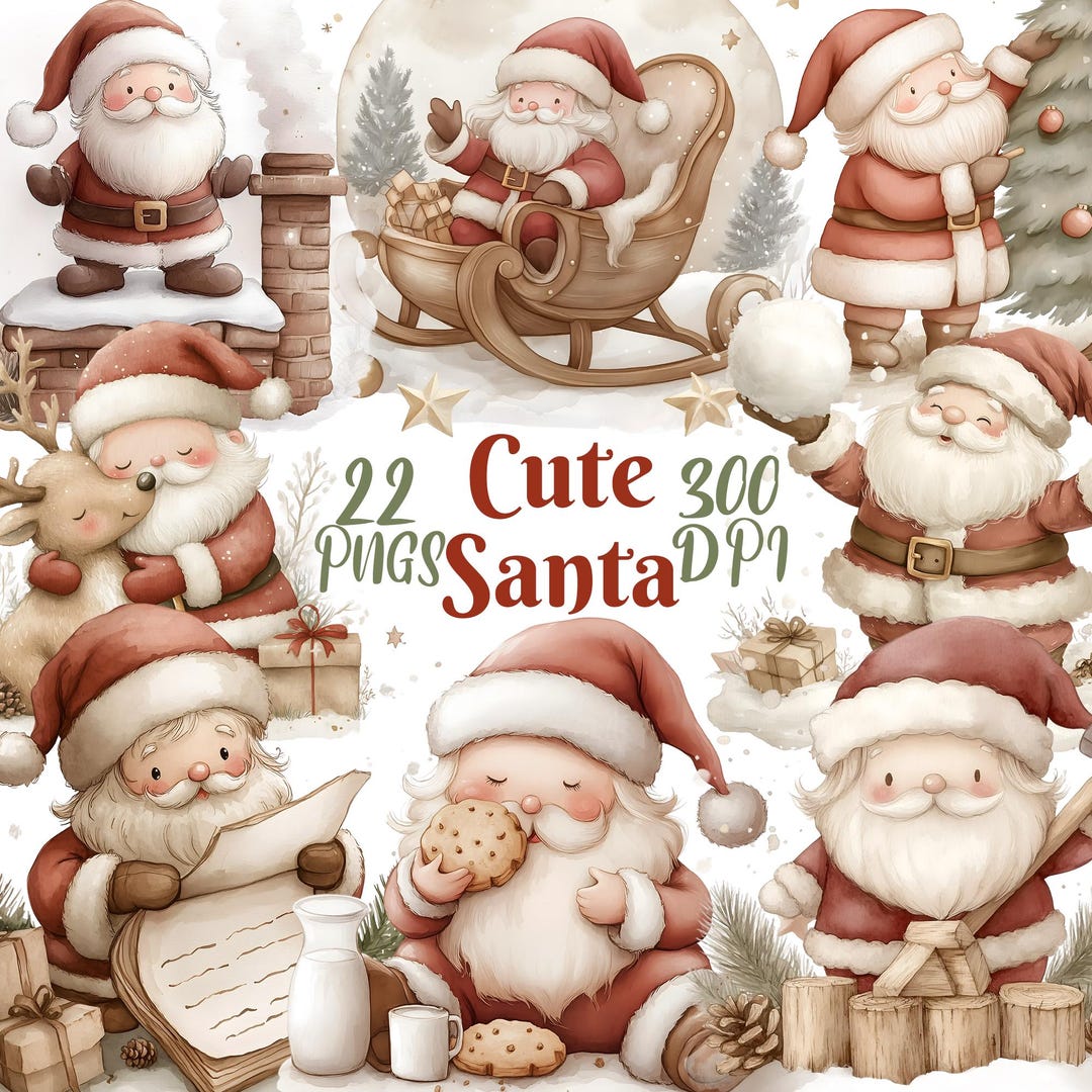 Santa Clipart, Set of 22 PNG Bundle, 300 DPI Clip Art, Winter Christmas ...