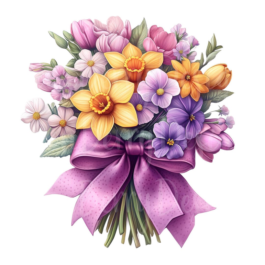 Spring Flower Bouquet Clipart, Set of 15 PNG Bundle, 300 DPI Clip Art ...