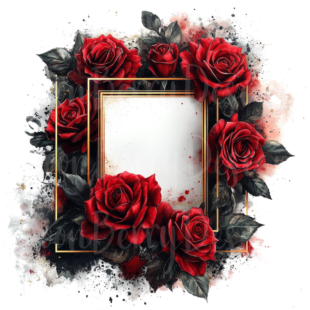 Red Rose Frame Clipart, Set of 15 PNG Bundle, Gold Frame Clip Art, Red ...