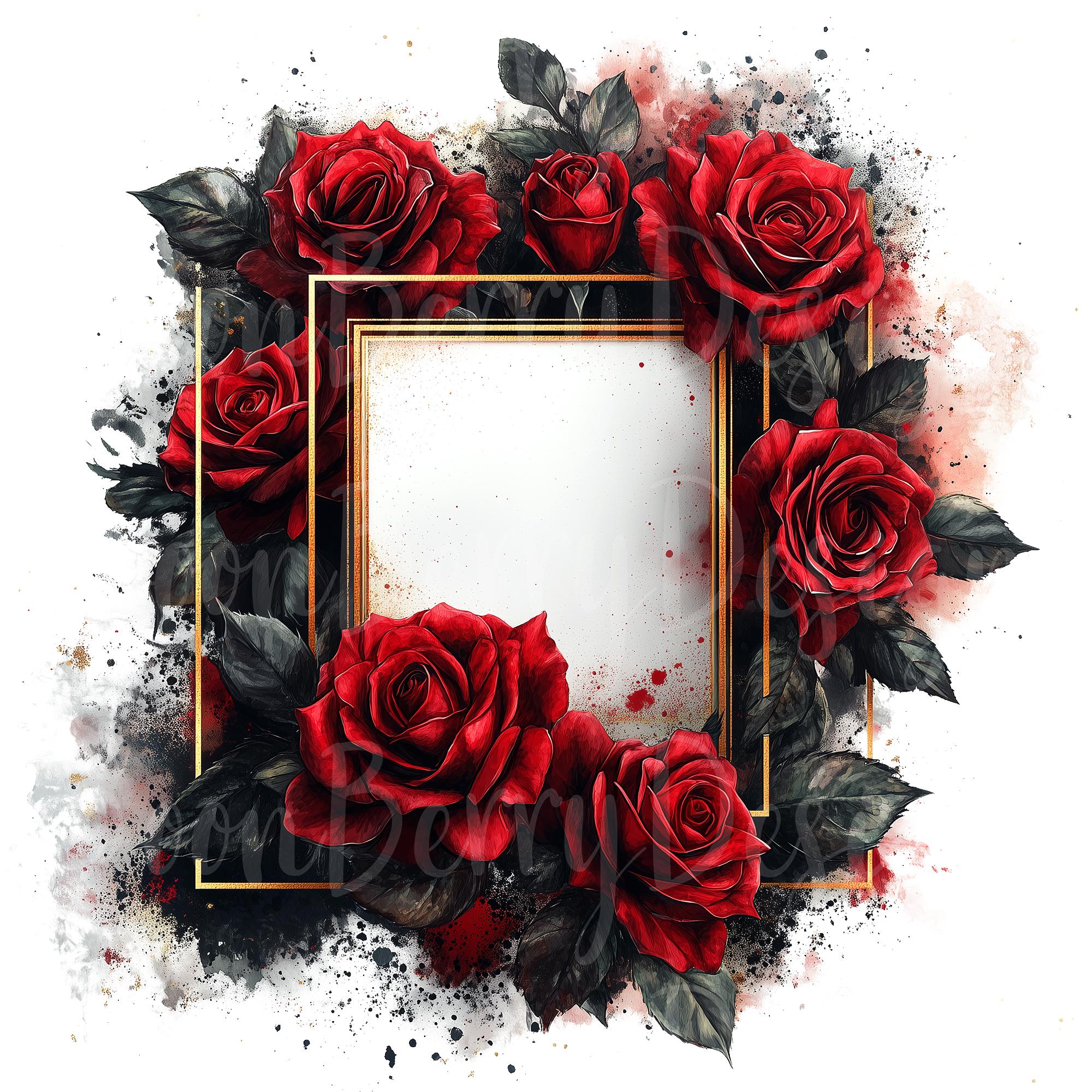 Red Rose Frame Clipart, Set of 15 PNG Bundle, Gold Frame Clip Art, Red ...