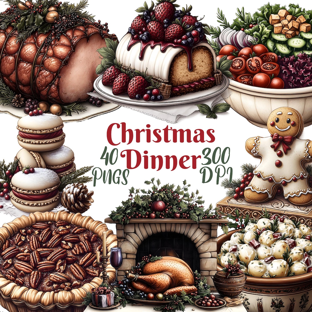 Christmas Dinner Clipart, Set of 40 PNG Bundle, 300 DPI Clip Art ...