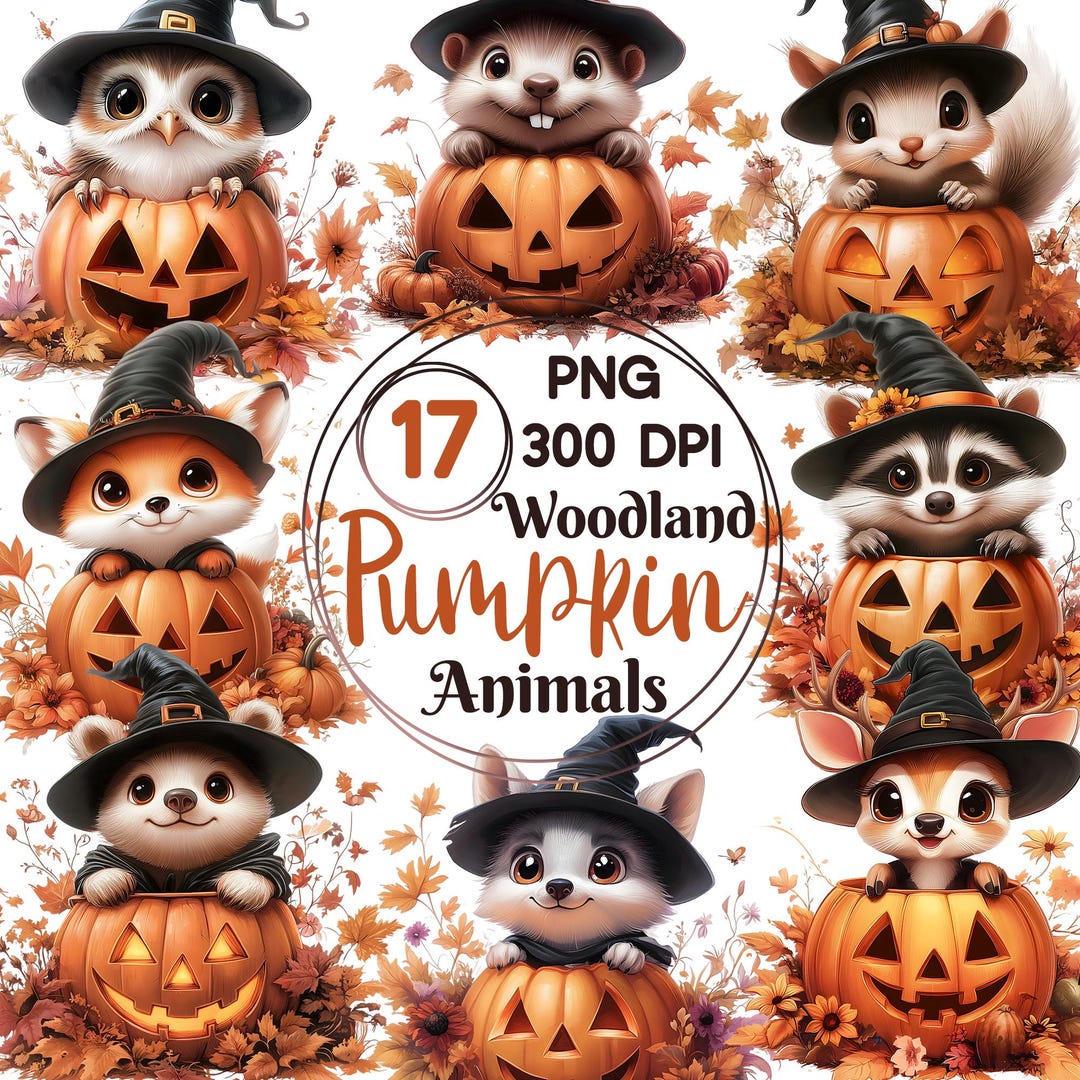 Woodland Pumpkin Animals Clipart, Set of 17 PNG Bundle, 300 DPI Clip ...