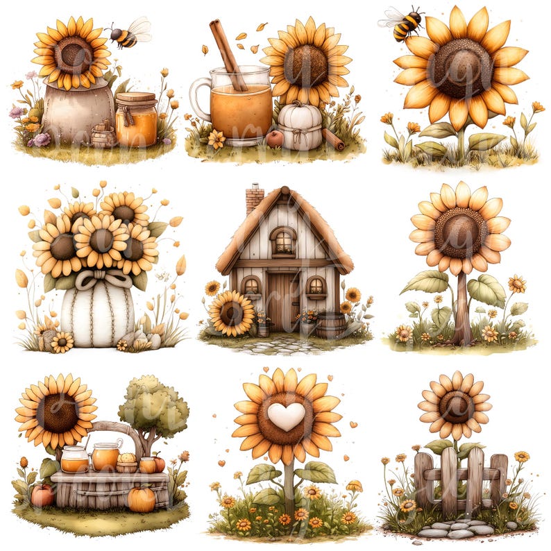 Sunflowers Clipart, Set of 50 PNG Bundle, 300 DPI Clip Art, Watercolor ...