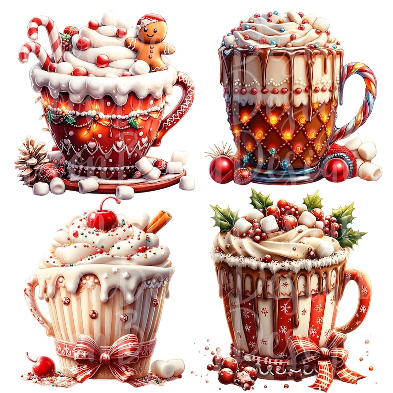 Christmas Cocoa Clipart, Set of 15 PNG Bundle, 300 DPI Clip Art, Winter Holiday Watercolor ...
