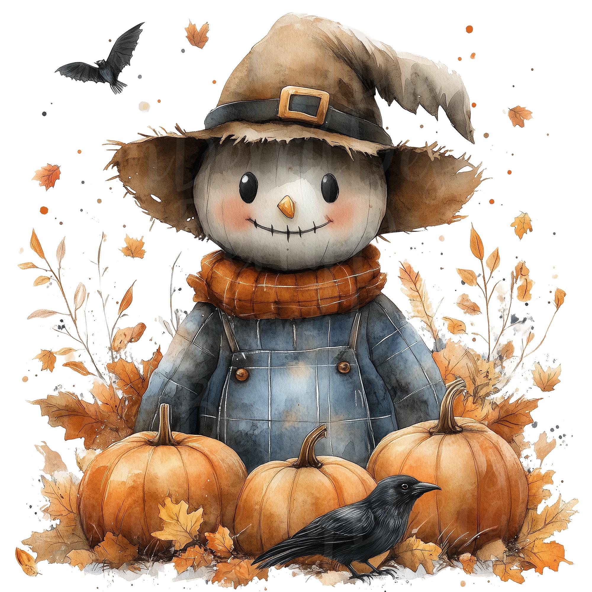 Scarecrow Clipart, Set of 10 PNG Bundle, Fall Halloween Watercolor Clip ...