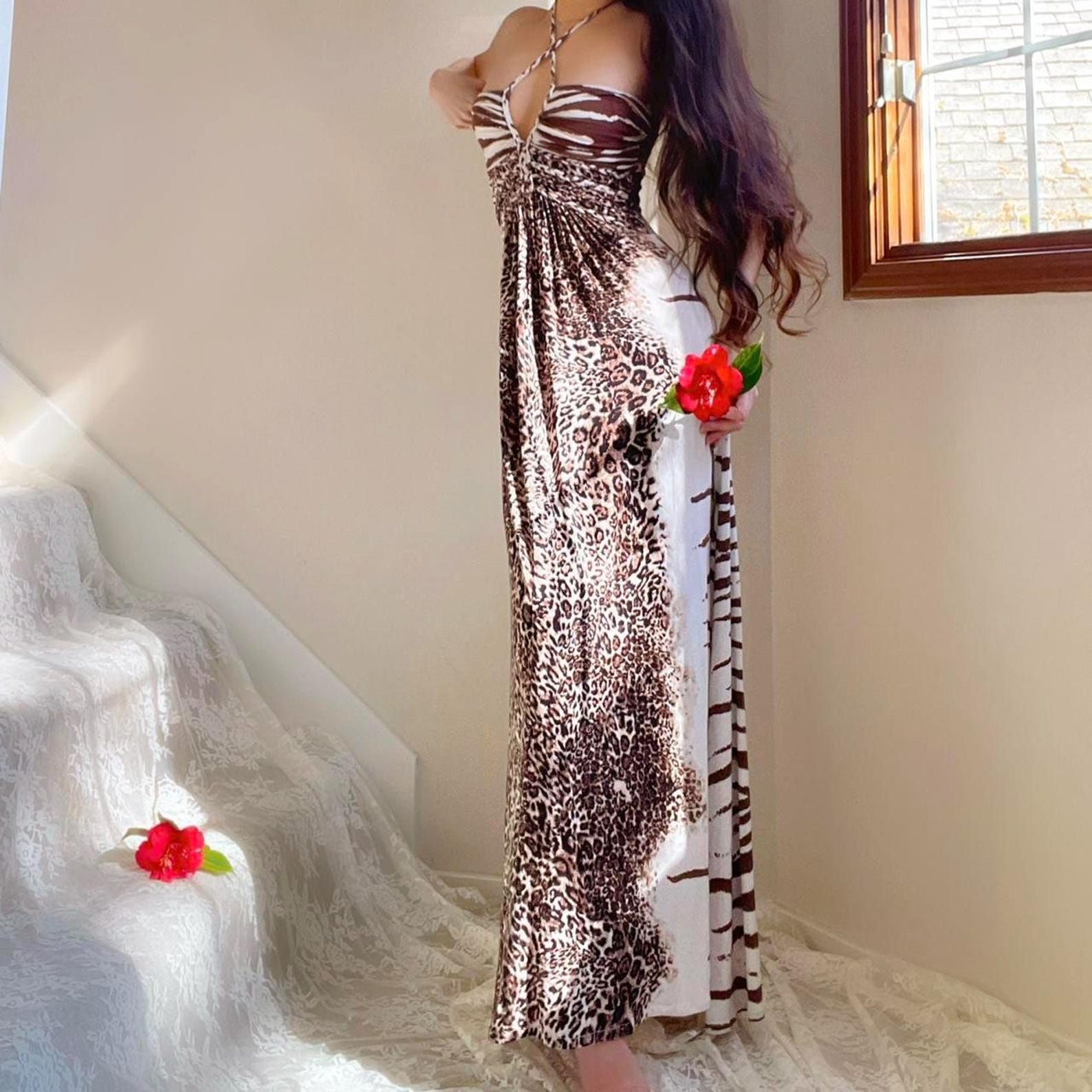 Vintage Sky Brown & White Leopard/zebra Print Braided Maxi Dress - Etsy