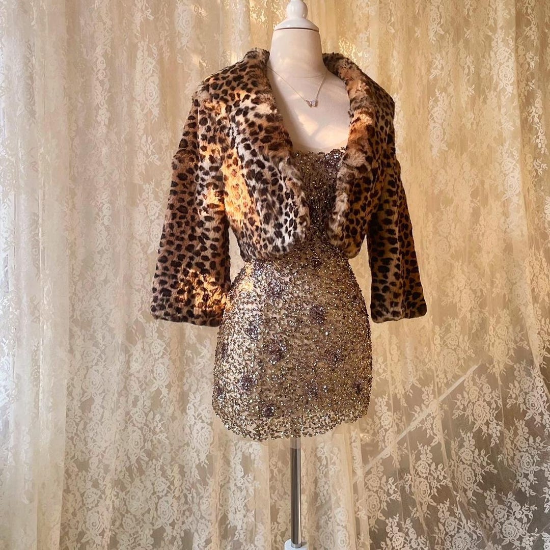 Vintage Bebe Leopard Print Rabbit Fur 3/4 Flared Sleeve Cropped Jacket ...