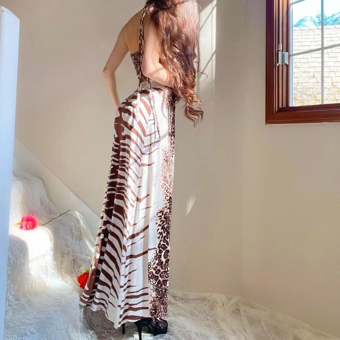 Vintage Sky Brown & White Leopard/zebra Print Braided Maxi Dress - Etsy
