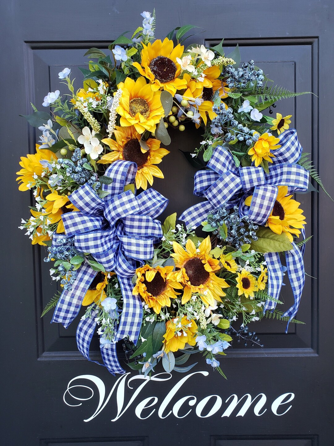 Summer Sunflower Blueberry Wreath for Front Door With Two Blue ...