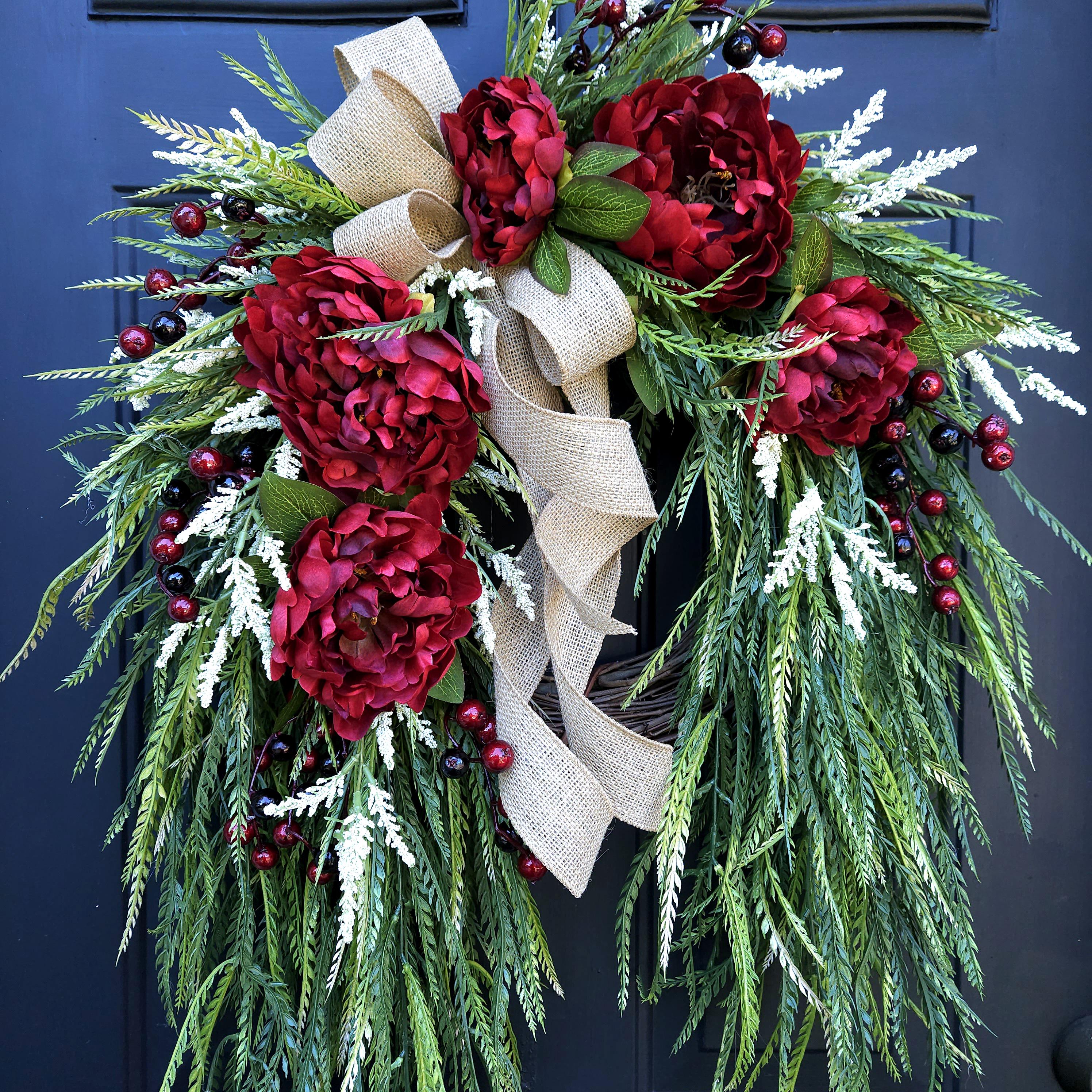 Luxurious Ruby Red Peony Wreath for Front Door, Saw Grass Wreath, Red ...