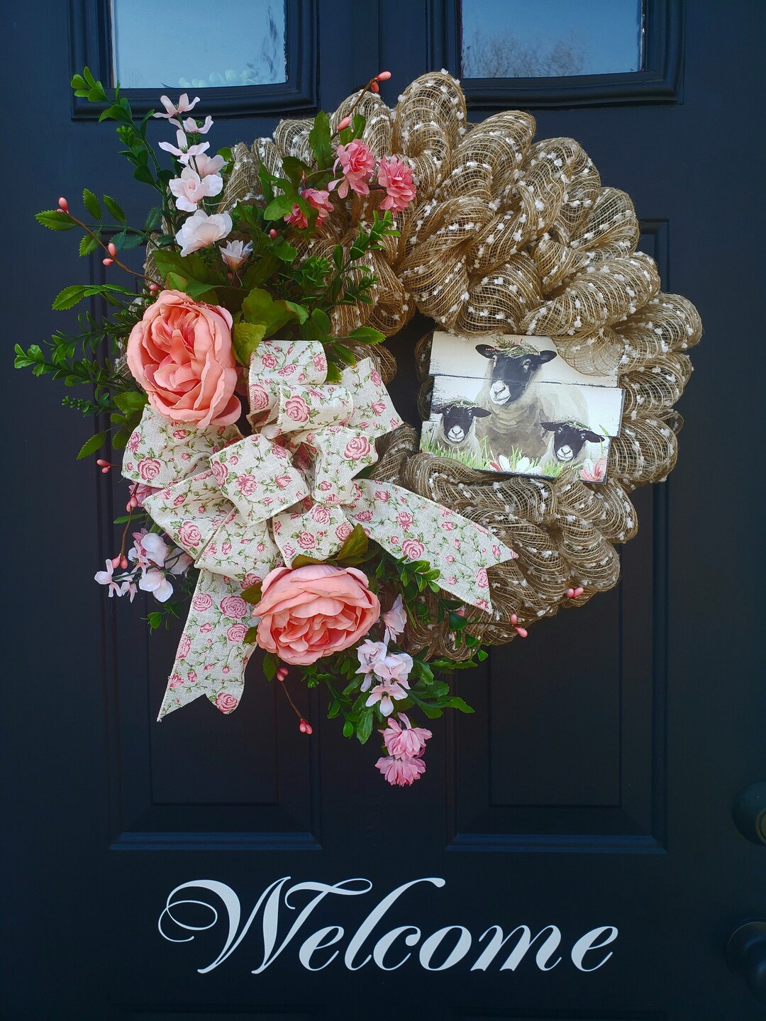 Sheep Deco Mesh Wreath With Coral Flowers and Coordinating - Etsy