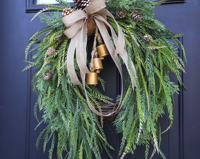 Bell and Bow Wreath, Gold Bell Wreath, Natural Jute Bow, Winter or Year ...