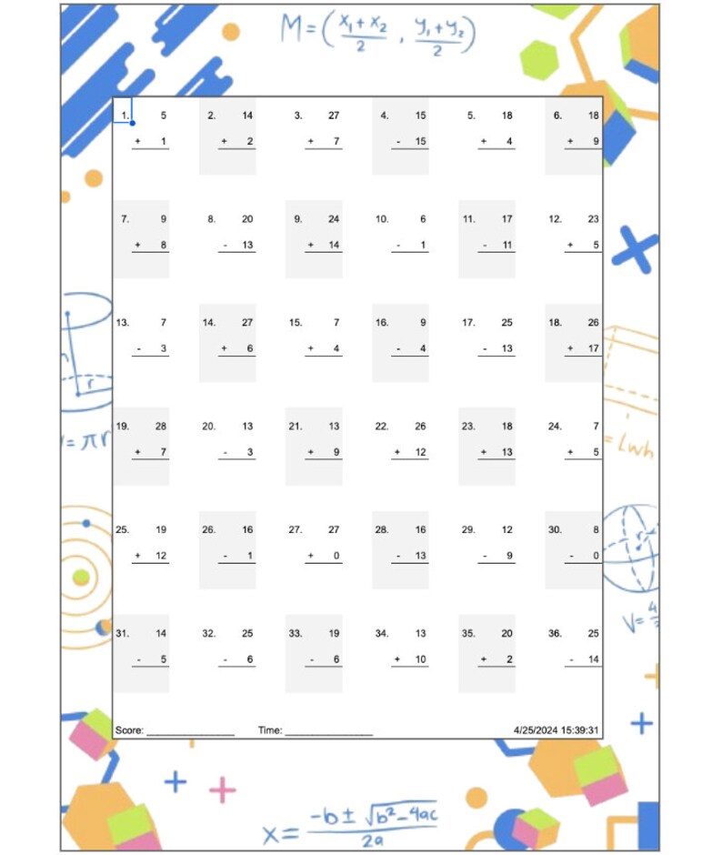 Printable Math Worksheet for Addition and Subtraction Math Facts ...