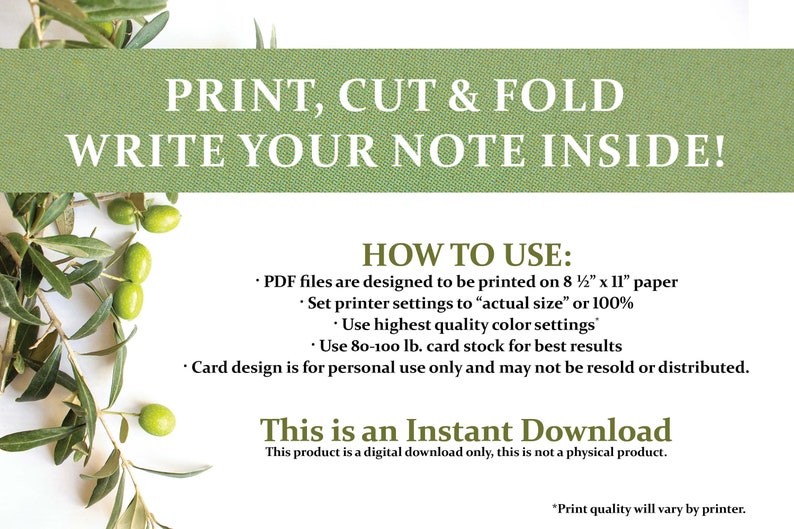 Oliveda Note Card Digital Printable Card | Printable Card | Digital ...