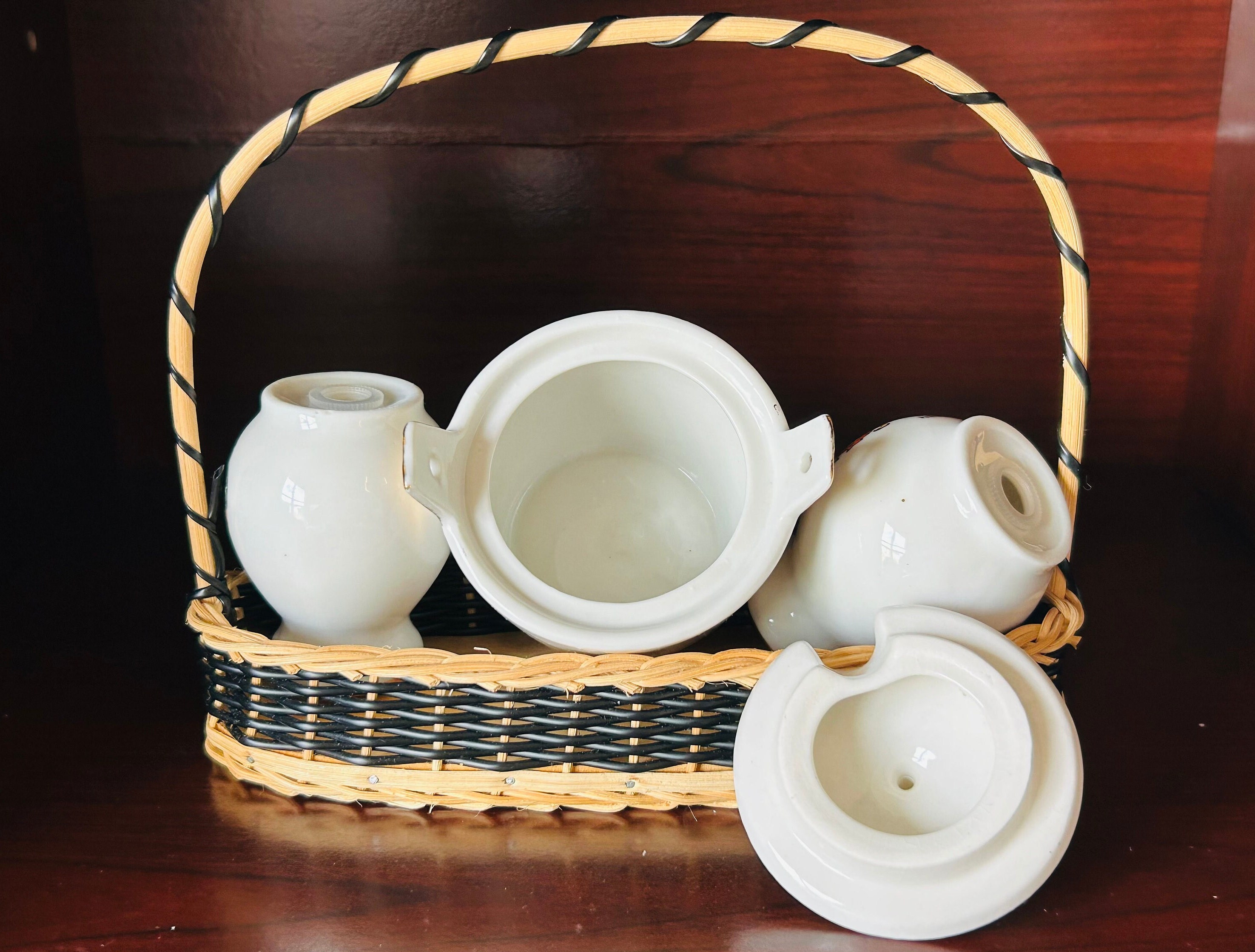Vintage German Porcelain Cruet Set W. Wooden Rattan Basket Holder ...