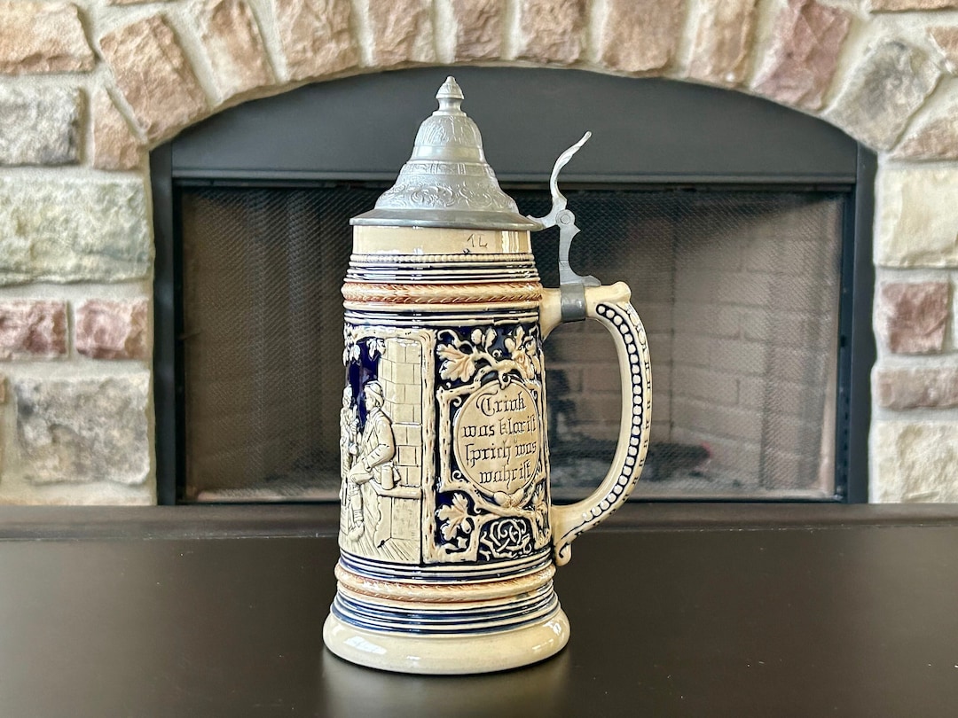 Antique German Stoneware Beer Stein With Pewter Lid - 1L - Etsy