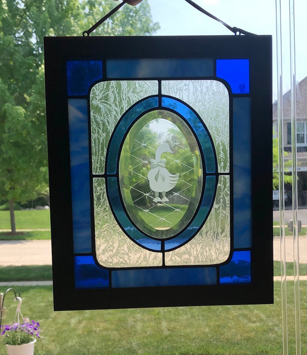 Vintage Stained Glass Goose Hardwood Framed Art Signed Kim Kostuch 1989 ...