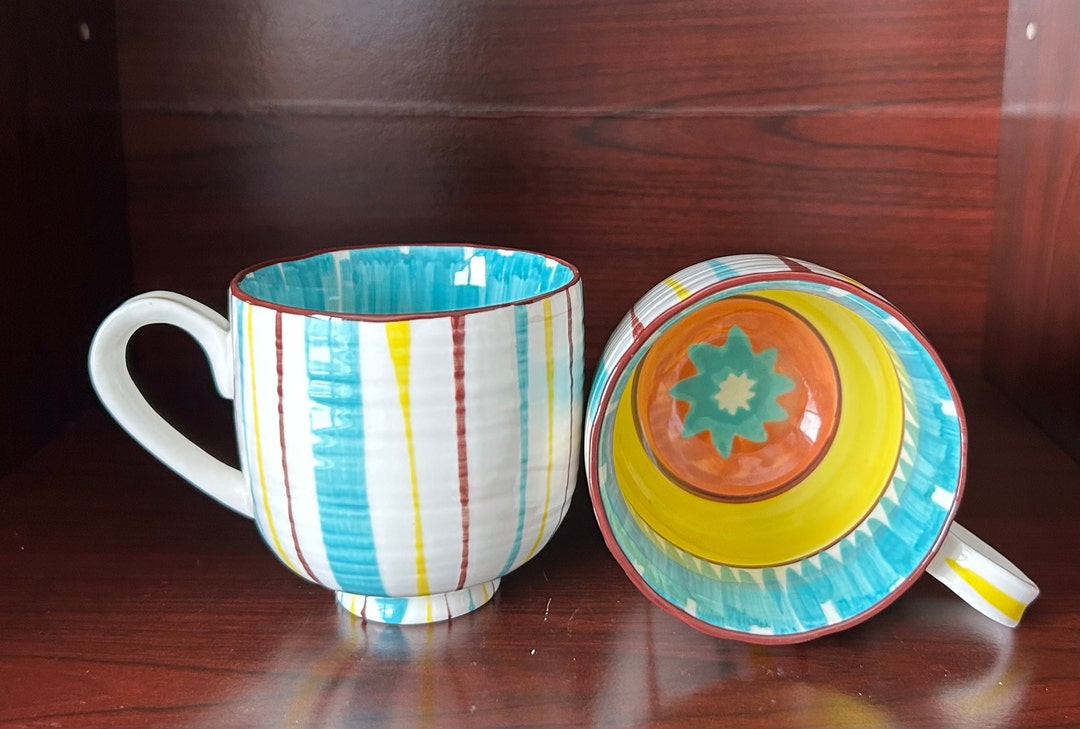 Anthropologie Footed Pedestal Coffee Mug Striped Outside Floral Inside ...