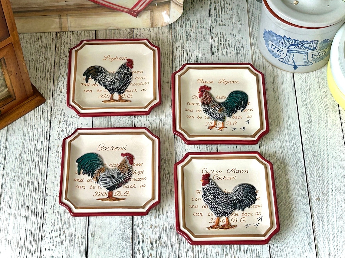 Vintage MWW Market ROOSTERS 3D Mini Square Plates 4 1/2 Set of 4 ...