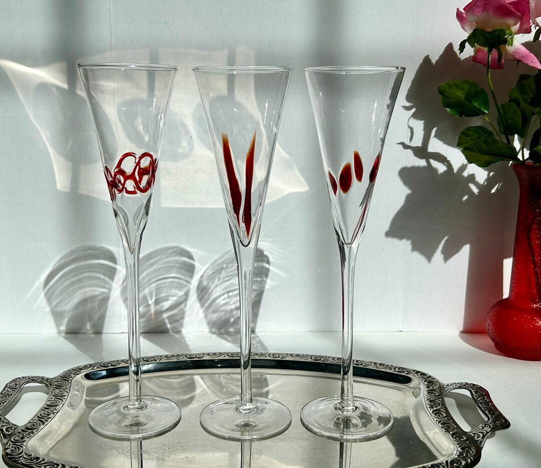 Vintage Pier 1 Hand Blown Glass Champagne Flutes Set of 3, Red Spiral ...