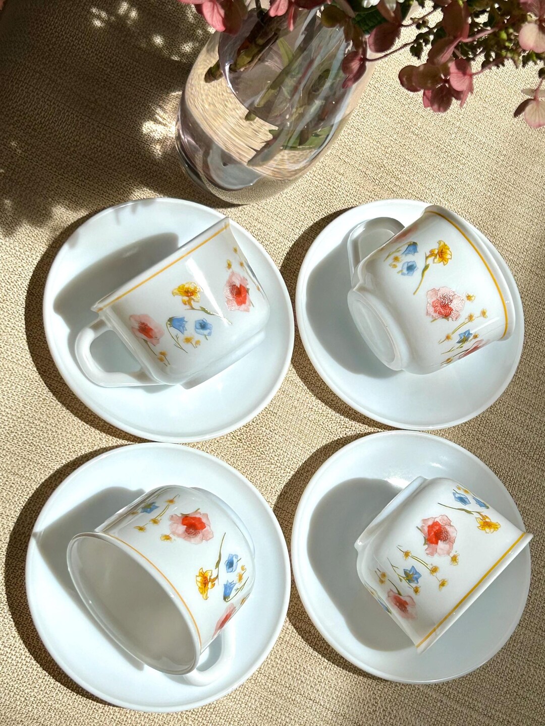 Vintage Set of 4 Arcopal France Milk White Glass Coffee Tea Cup Saucer ...