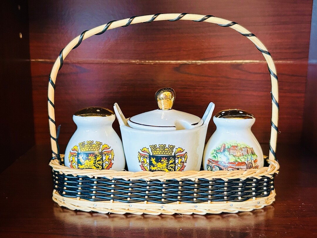 Vintage German Porcelain Cruet Set W. Wooden Rattan Basket Holder ...