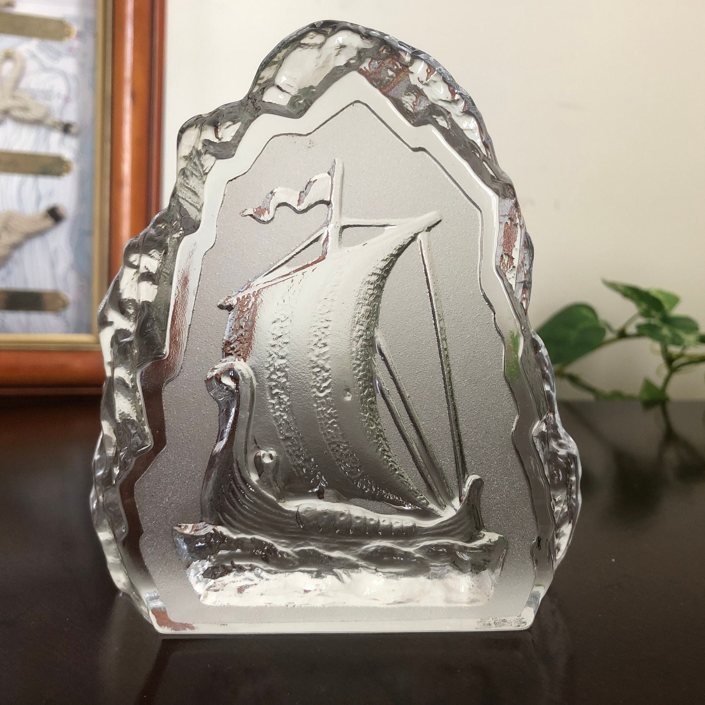 Vintage Nybro Swedish Crystal Art Glass Sailing Ship Paperweight, Paul ...