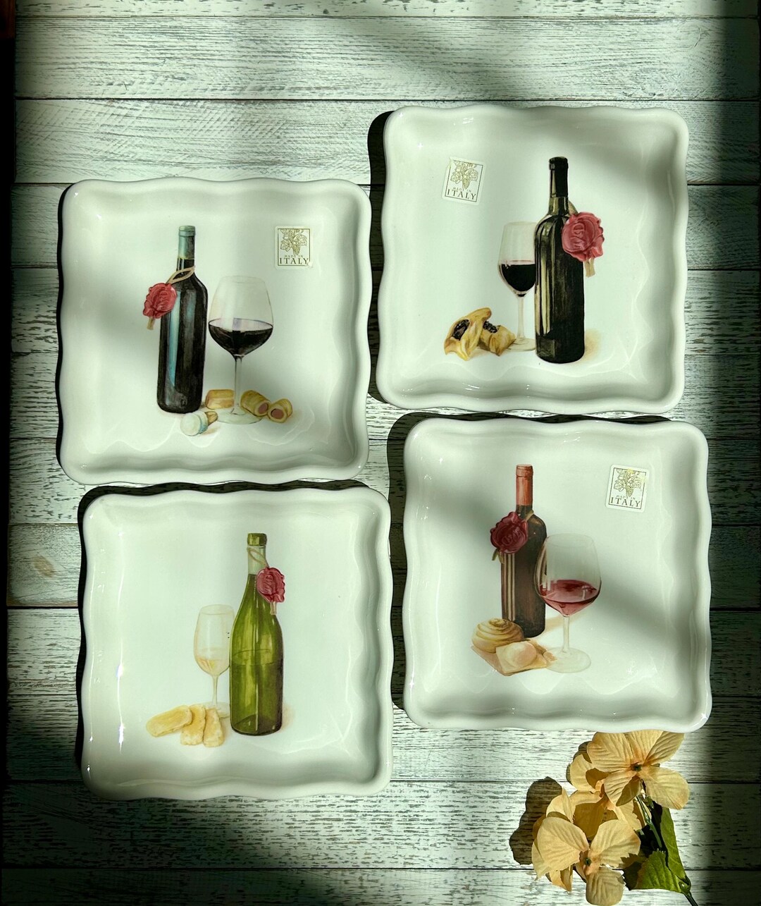 Vintage Set of 4 Square Appetizer Plates Wine Cheese Appetizers Made in ...
