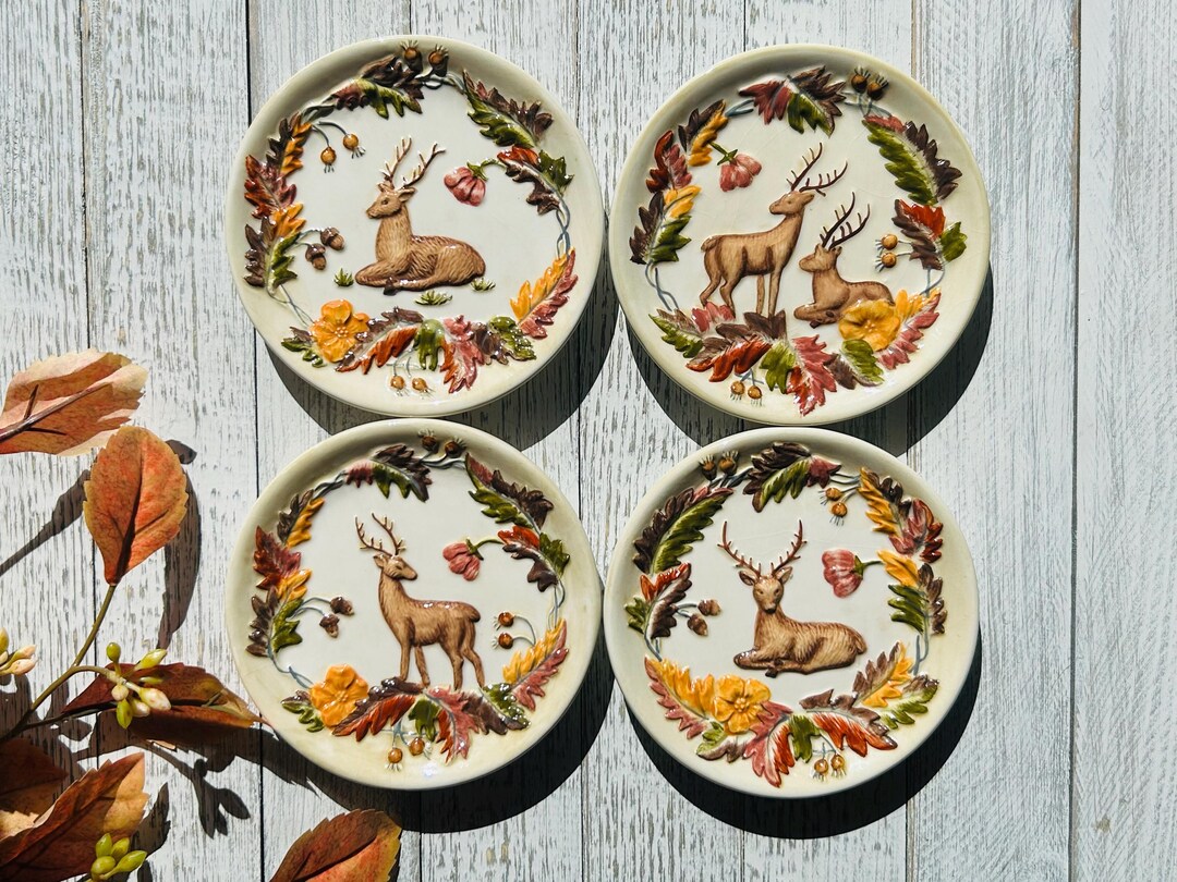 Vintage Set of 4 MWW Market Grand Lodge Deer Mini 3D Plates Fall Leaves ...
