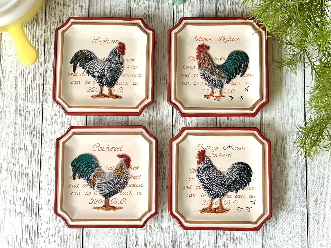 Vintage MWW Market ROOSTERS 3D Mini Square Plates 4 1/2 Set of 4 ...