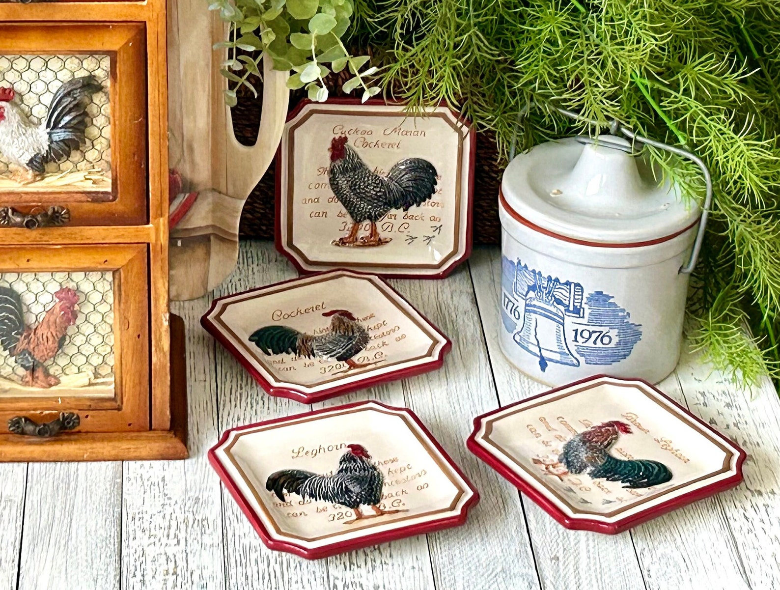 Vintage MWW Market ROOSTERS 3D Mini Square Plates 4 1/2 Set of 4 ...