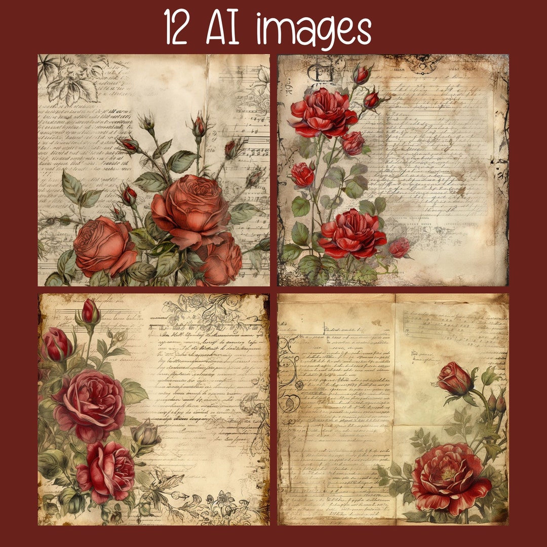 Watercolor Red Roses on Antique Paper, Created With AI Assistance. 12 ...