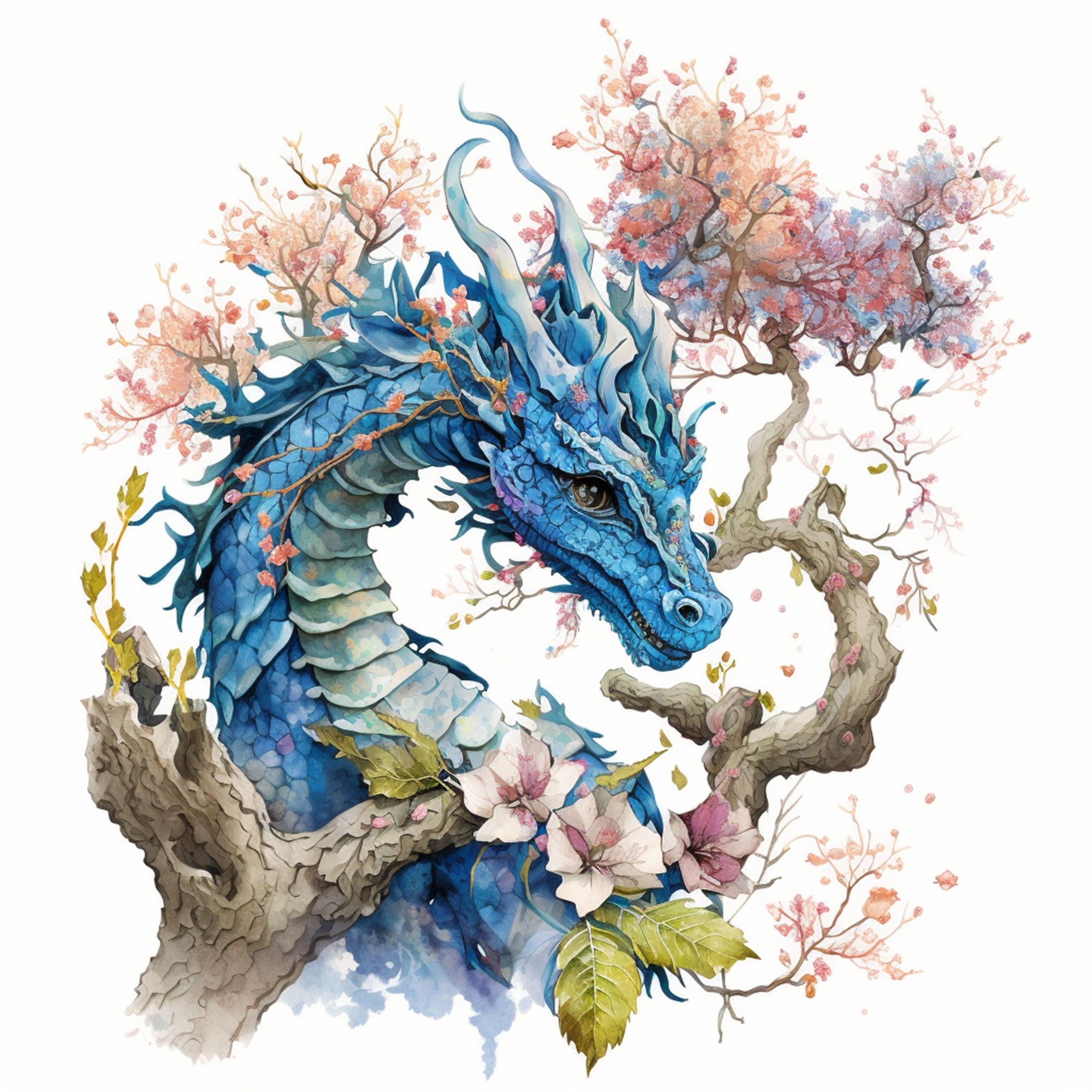 Digital Watercolor Images Dragons and Flowering Trees, Created With AI ...