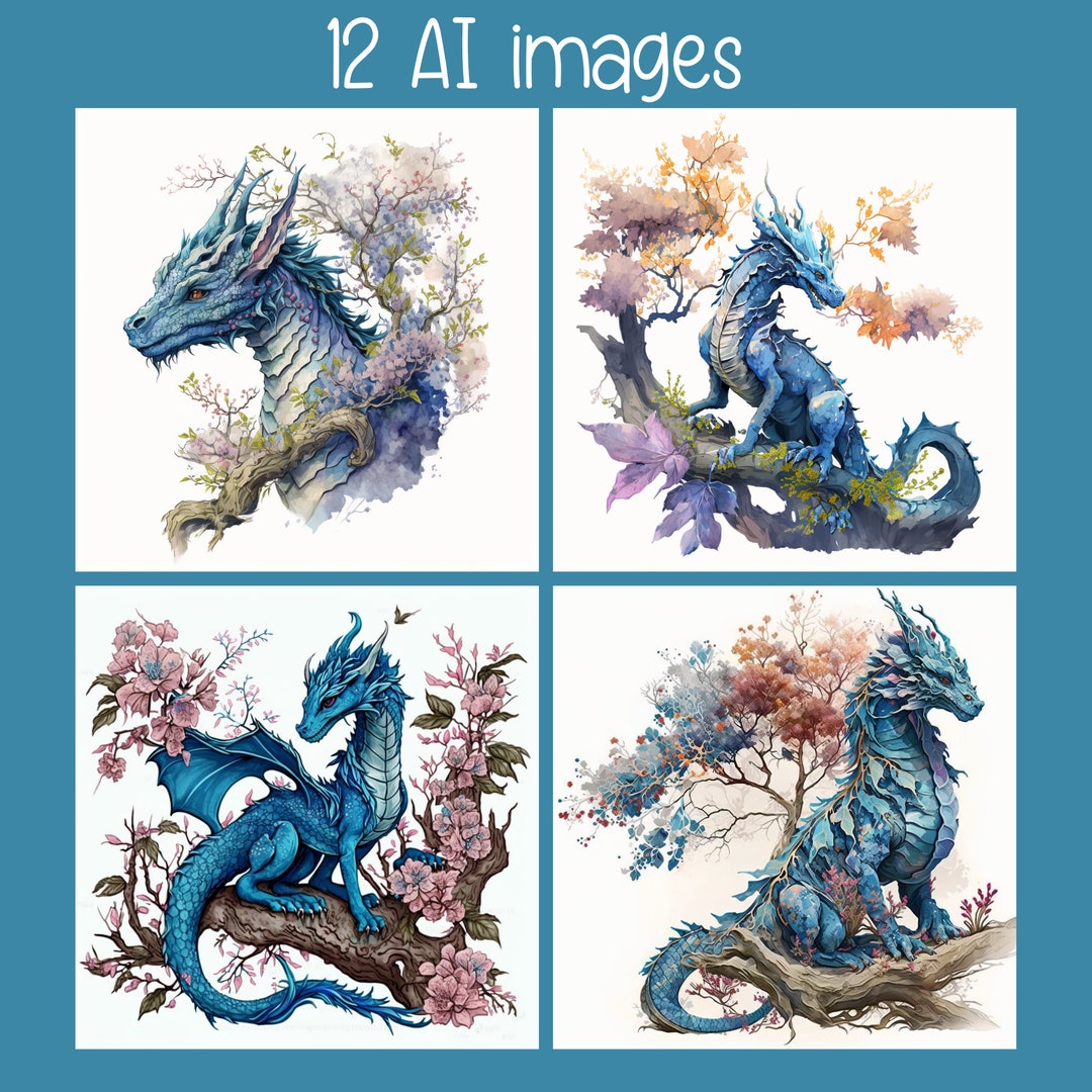 Digital Watercolor Images Dragons and Flowering Trees, Created With AI ...