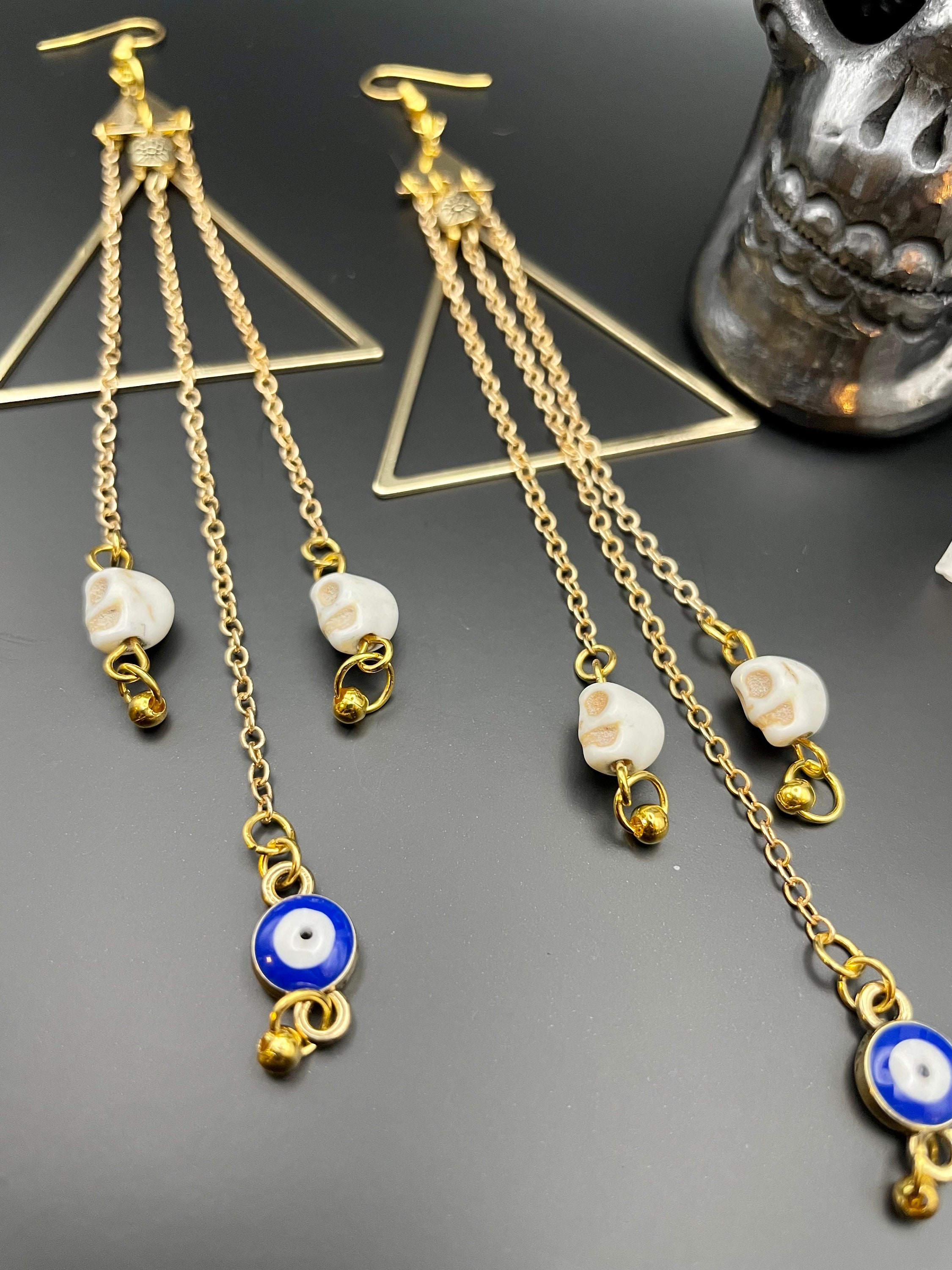 Evil Eye and Skull Golden Dangle Earrings Minds Eye Witchy Earrings ...