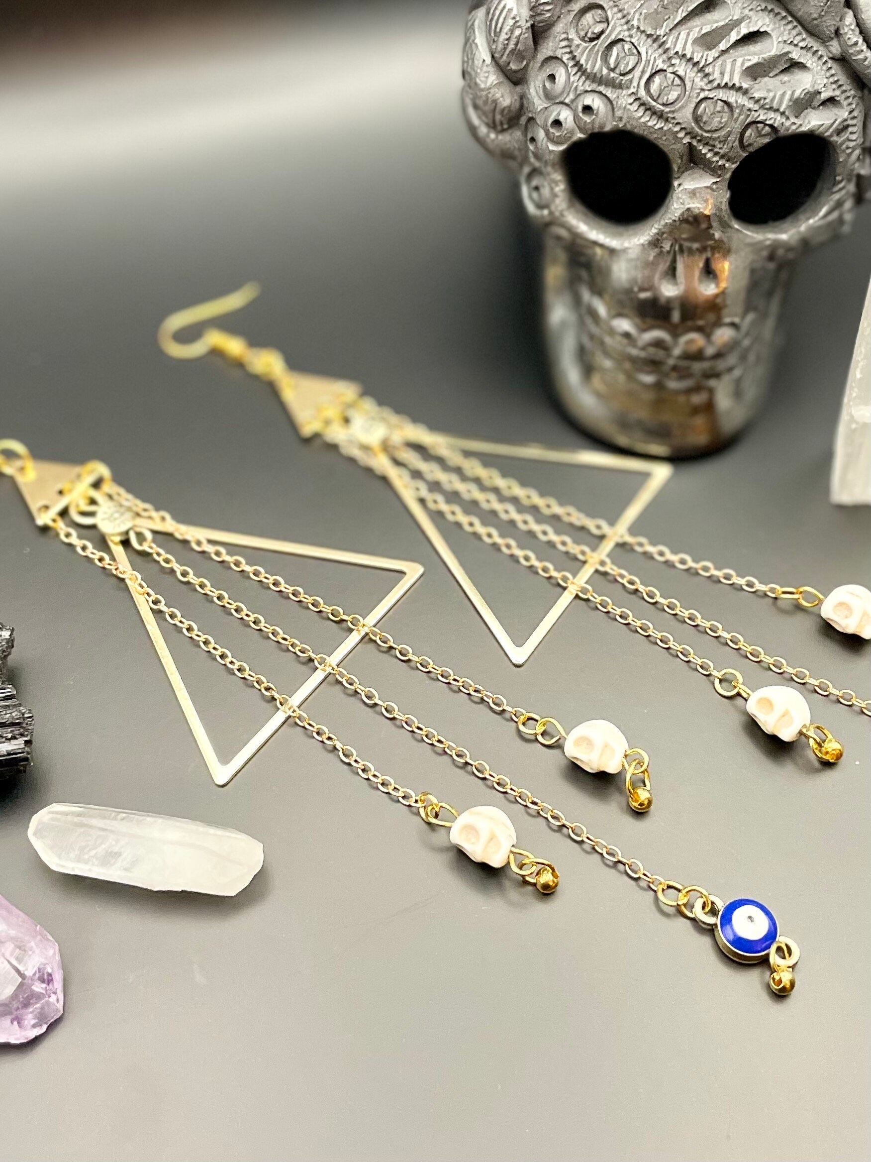 Evil Eye and Skull Golden Dangle Earrings Minds Eye Witchy Earrings ...